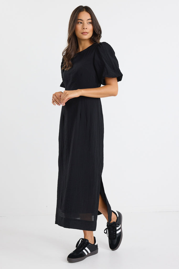 Loft Tie Puff Sleeve Midi Dress In Black