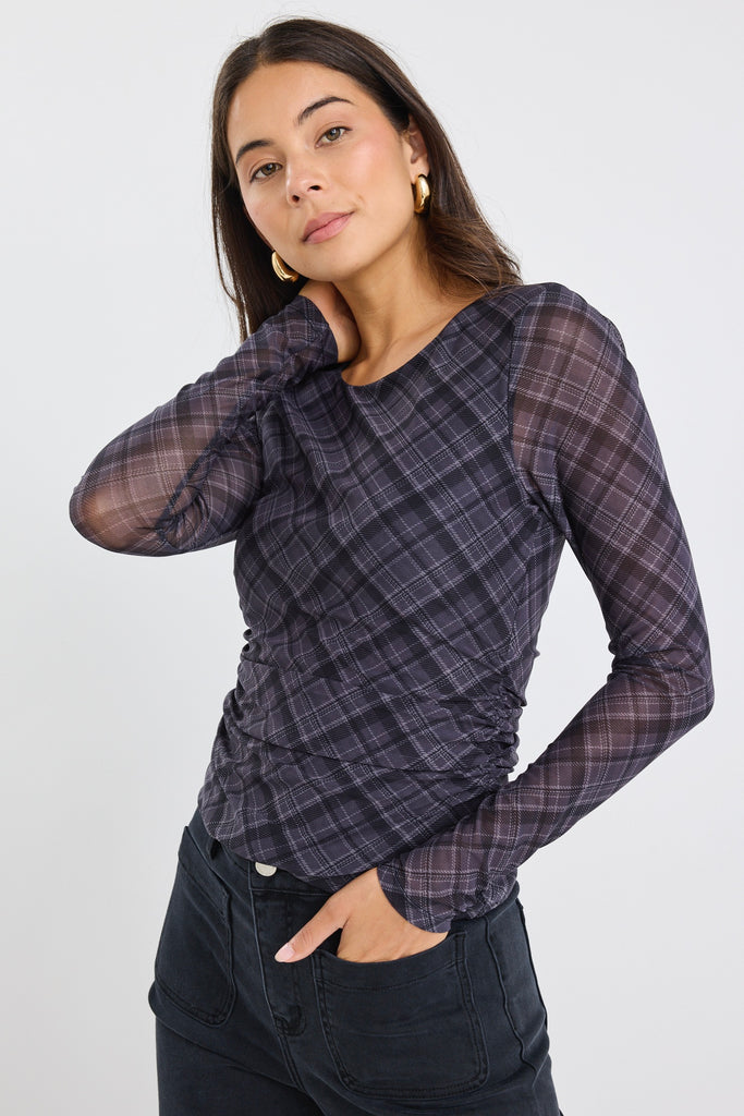 Shop Explore Charcoal Check LS Wide Neck Top | Flo & Frankie