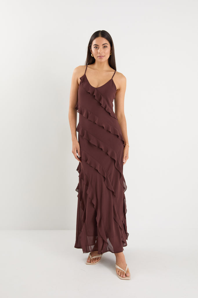 Shop Galore Chocolate Bias Ruffle Slip Maxi Dress | Flo & Frankie