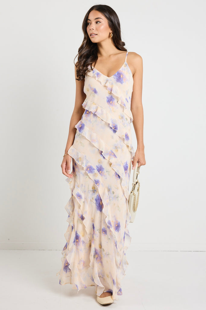 Shop Galore Peach Blue Floral Bias Ruffle Slip Maxi Dress | Flo & Fran