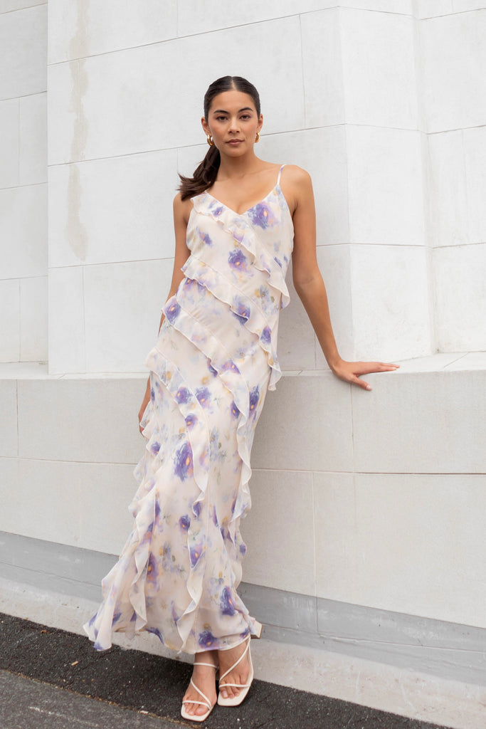 Shop Galore Peach Blue Floral Bias Ruffle Slip Maxi Dress | Flo & Fran
