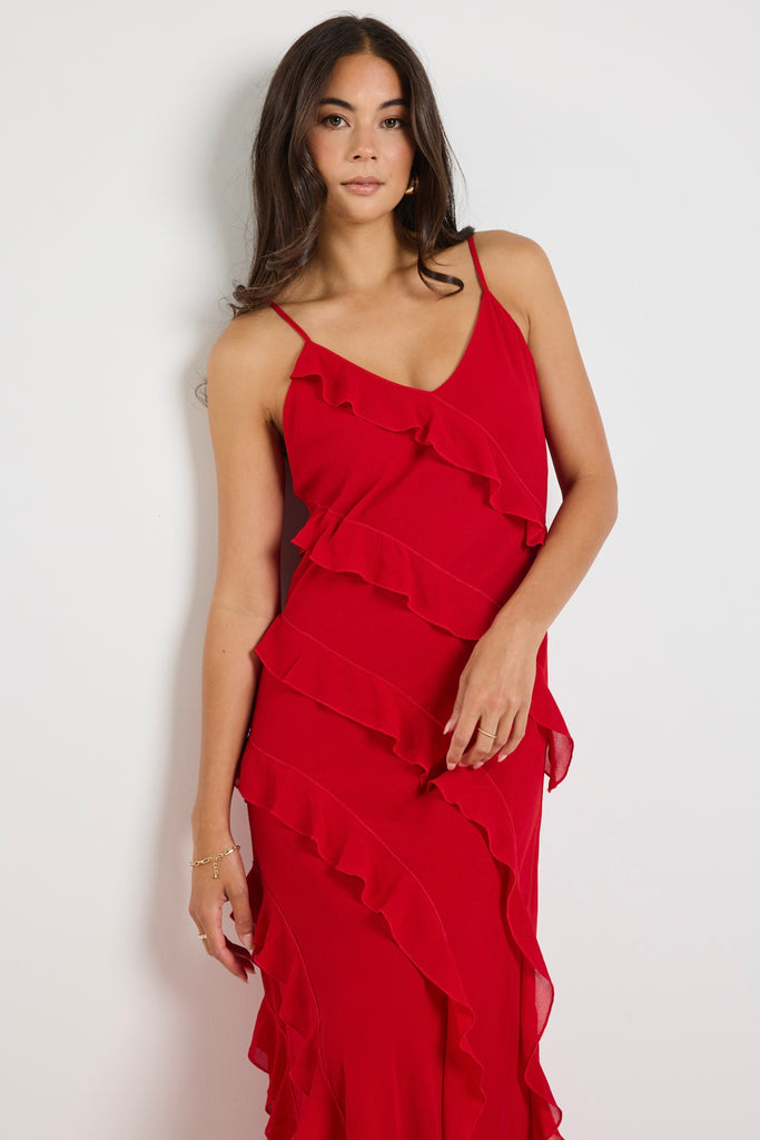 Shop Galore Flame Bias Ruffle Slip Maxi Dress | Flo & Frankie