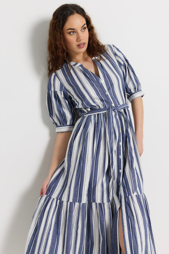 Shop Insight Navy Stripe Balloon Sleeve Midi Shirt Dress | Flo & Frank
