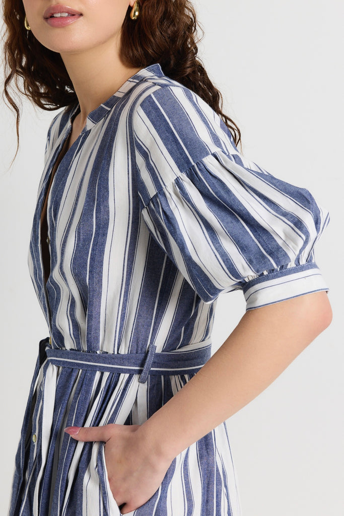 Shop Insight Navy Stripe Balloon Sleeve Midi Shirt Dress | Flo & Frank