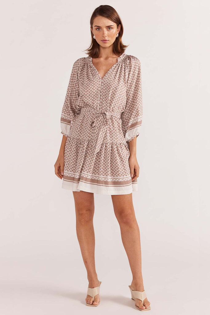 Shop Soleil Beige Border Smock Mini Dress | Flo & Frankie
