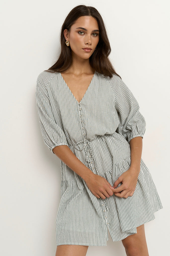 Shop Switch Khaki Stripe Puff Sleeve Button Front Mini Dress | Flo & F