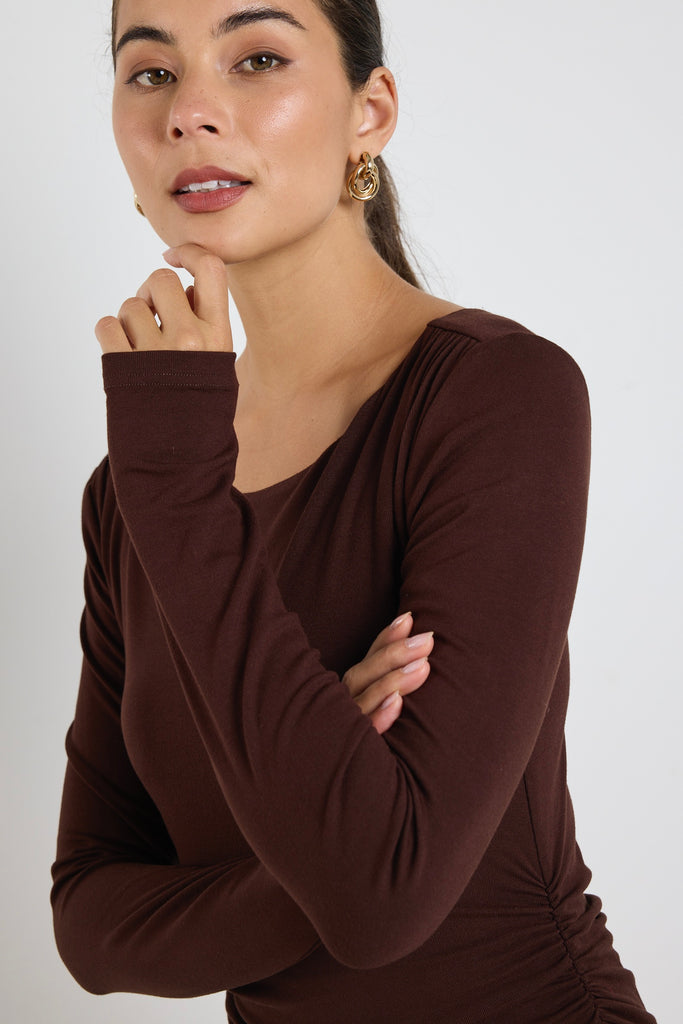 Shop Vertigo Dark Chocolate Jersey LS Midi Dress | Flo & Frankie