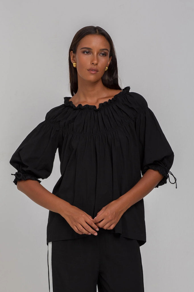 Shop With Hope Black Shirred Neck Mid Sleeve Top | Flo & Frankie