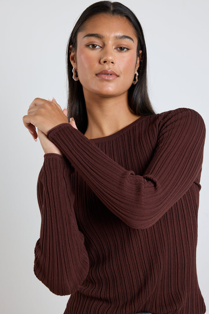 Shop Fragment Chocolate Sheer Rib LS Knit Top | Flo & Frankie