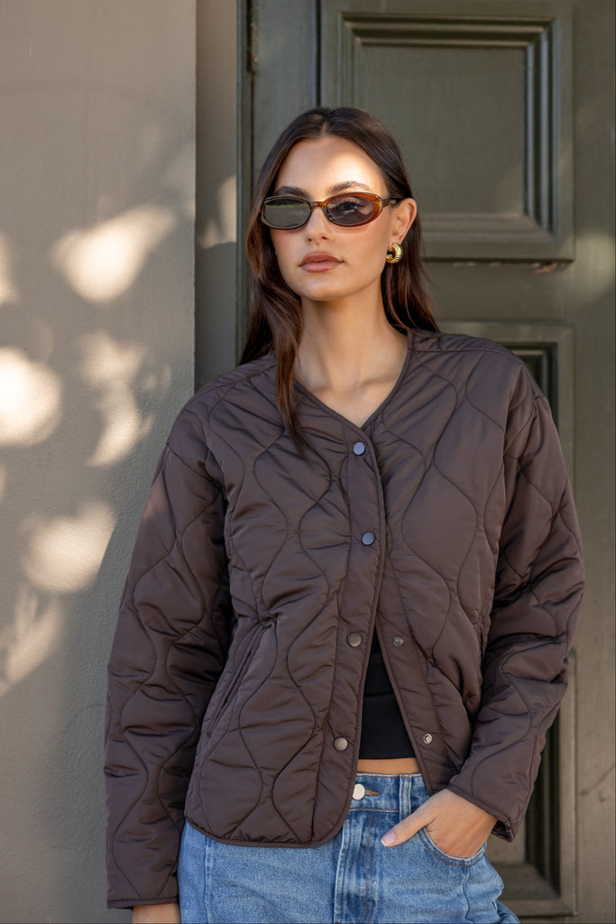 Shop Apex Chocolate Collarless Quilted Puffer Jacket | Flo & Frankie