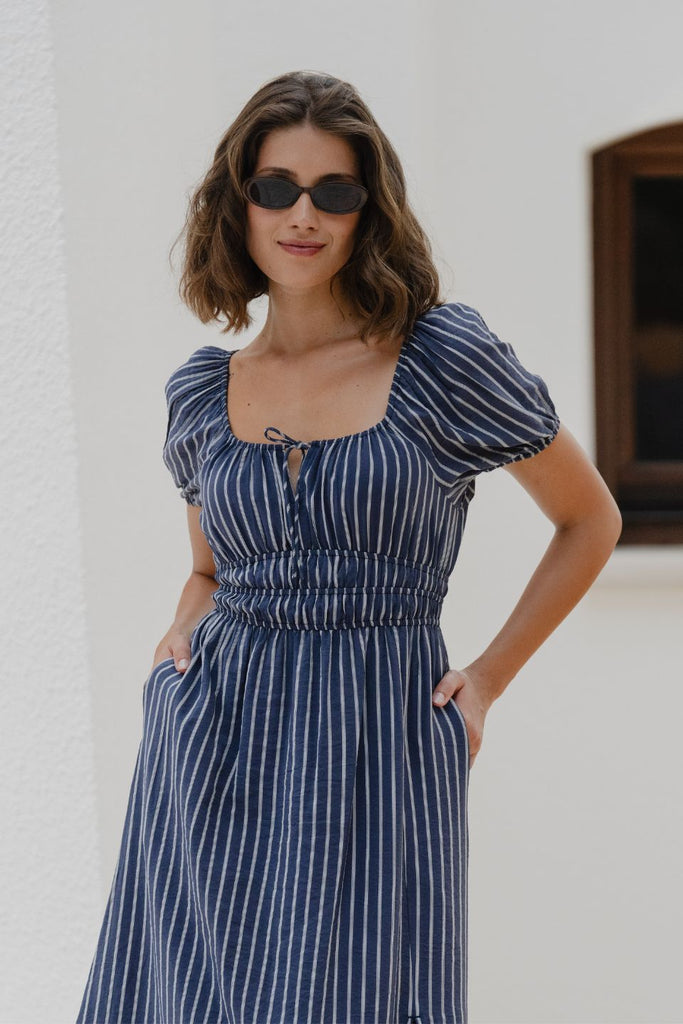 Shop Roma Navy Stripe SS Poet Midi Dress | Flo & Frankie