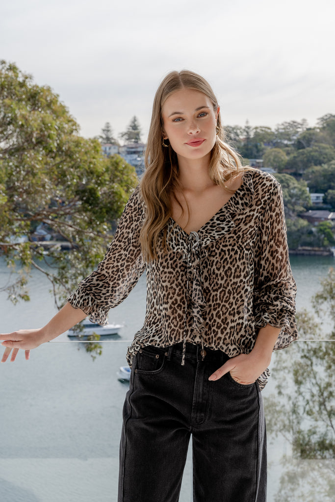 Shop Bohemian Leopard Georgette LS Frill Front Top | Flo & Frankie
