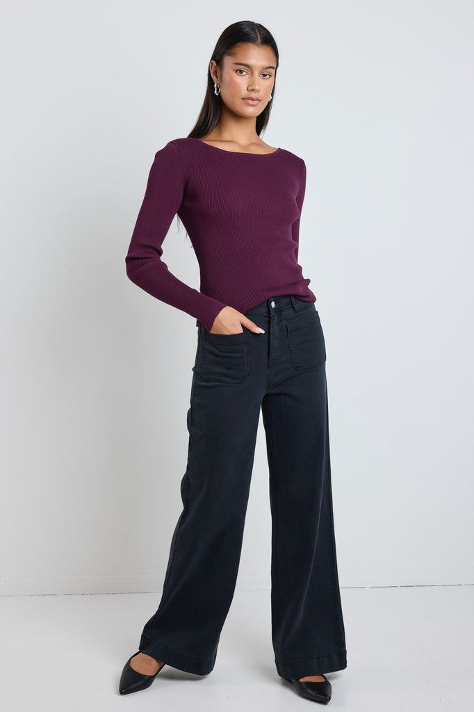 Shop Action Burgundy Plum Boatneck Rib LS Knit Top | Flo & Frankie