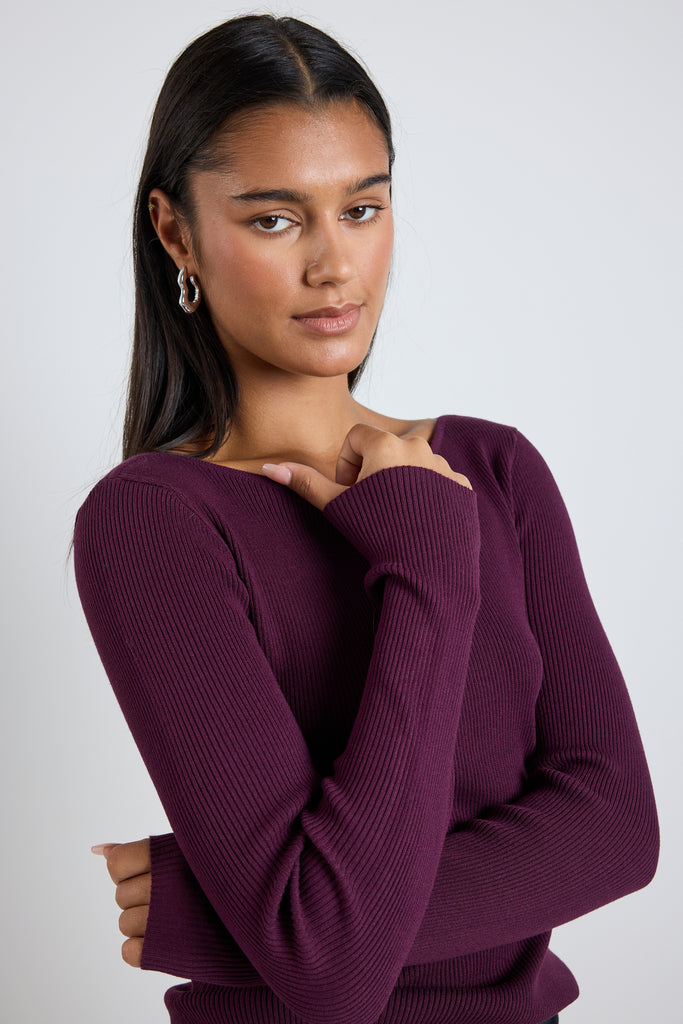 Shop Action Burgundy Plum Boatneck Rib LS Knit Top | Flo & Frankie