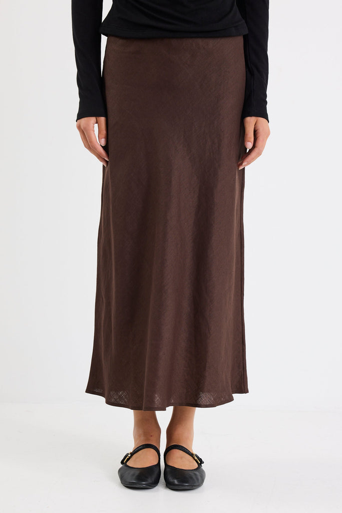 Shop Bliss Dark Chocolate Linen Bias Midi Skirt | Flo & Frankie