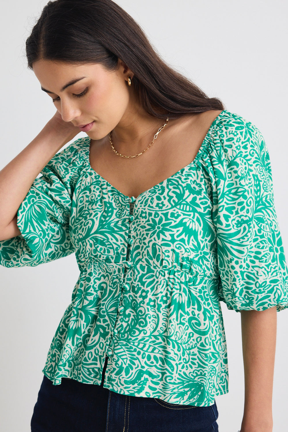 Shop Amulet Green Batik Print Sweetheart Neck Short Sleeve Top | Flo