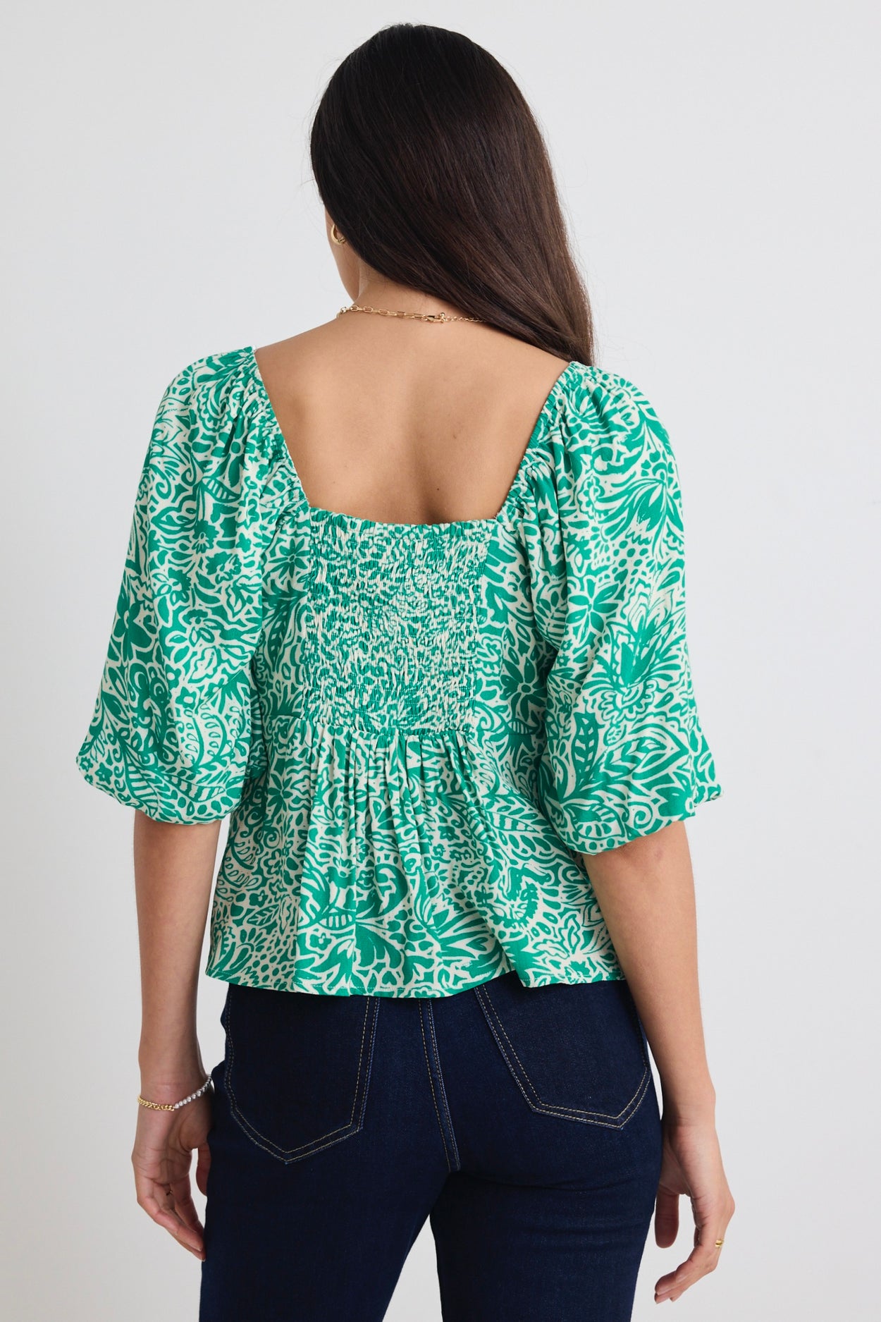 Shop Amulet Green Batik Print Sweetheart Neck Short Sleeve Top | Flo