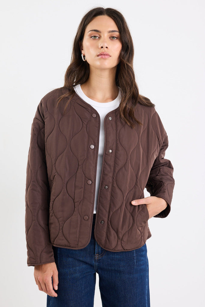 Shop Apex Chocolate Collarless Quilted Puffer Jacket | Flo & Frankie