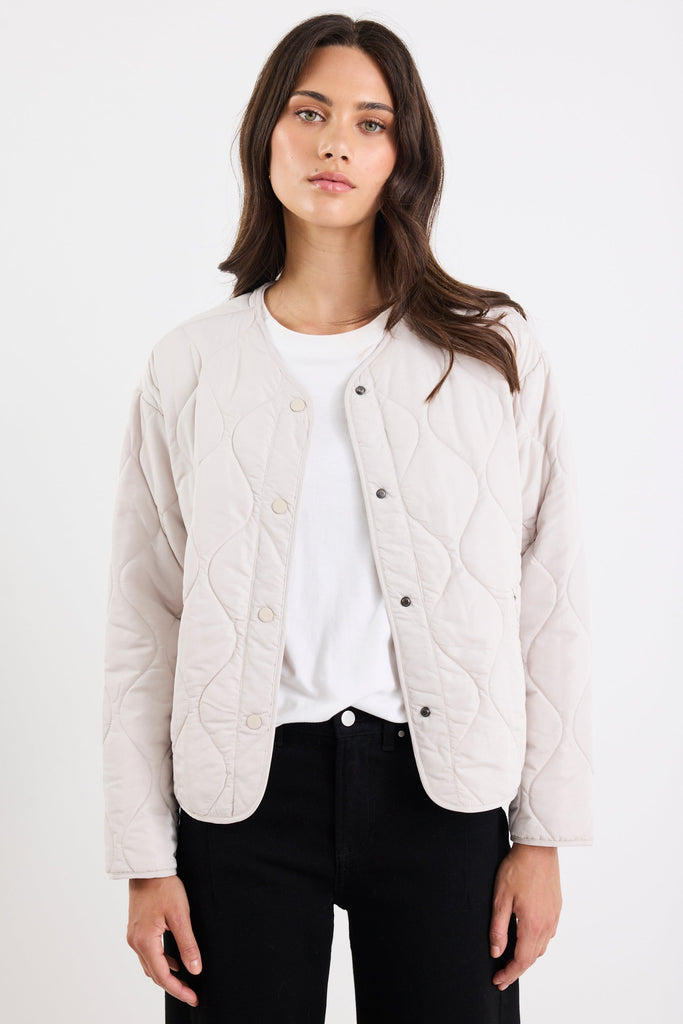 Shop Apex Putty Collarless Quilted Puffer Jacket | Flo & Frankie