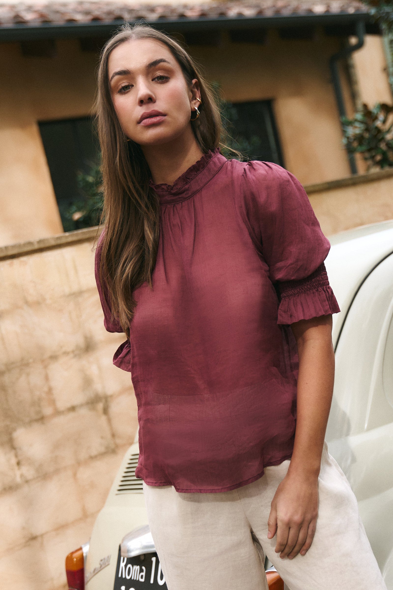 Shop Verse Burgundy Plum Sheer High Neck Short Sleeve Top | Flo & Fran