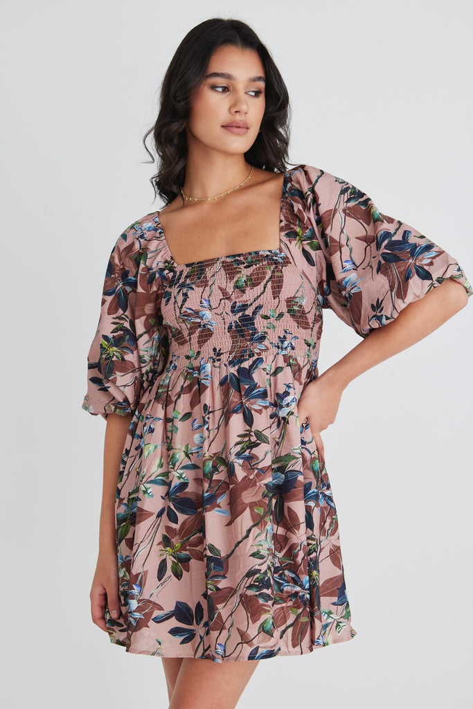 Shop Bea Blush Paradise LS Rouched Empire Bodice Mini Dress | Flo & Fr