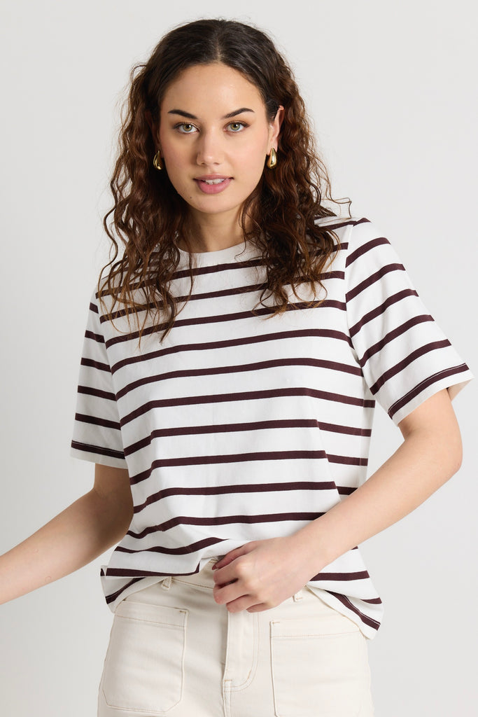 Shop Binding Chocolate White Stripe Boxy Fit Tee | Flo & Frankie
