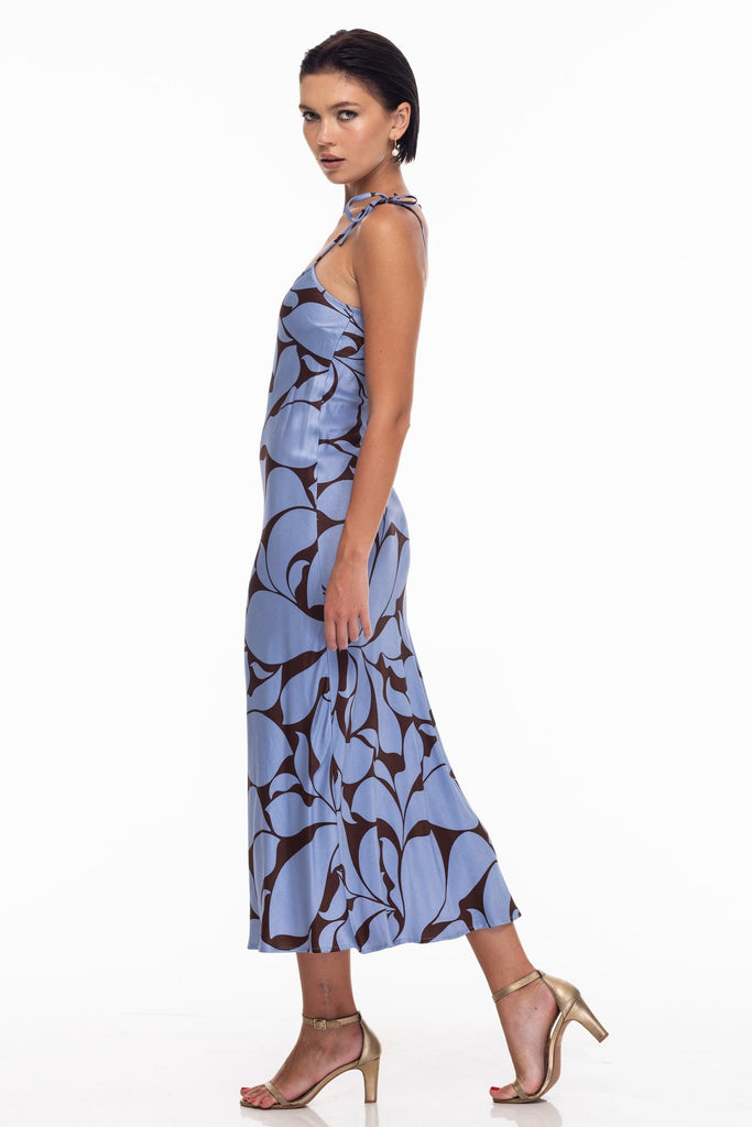 Shop Bow Coco Blue Floral Print Bias Strappy Midi Dress | Flo & Franki