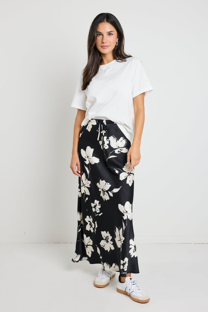 Shop Critical Black Floral Satin Tie Waist Bias Maxi Skirt | Flo & Fra