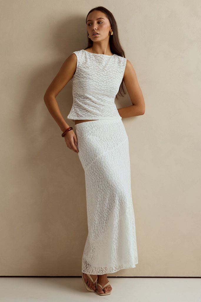 Shop Zeus Ivory Lace Bias Maxi Skirt | Flo & Frankie