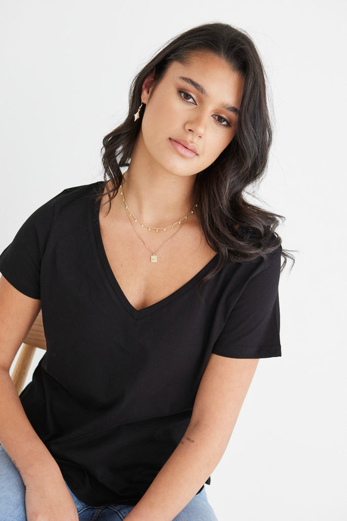 Shop Respect Black Relaxed V neck Organic Tee | Flo & Frankie