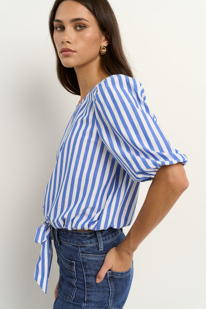 Shop Cameron Bright Blue Stripe Tie Front SS Top | Flo & Frankie
