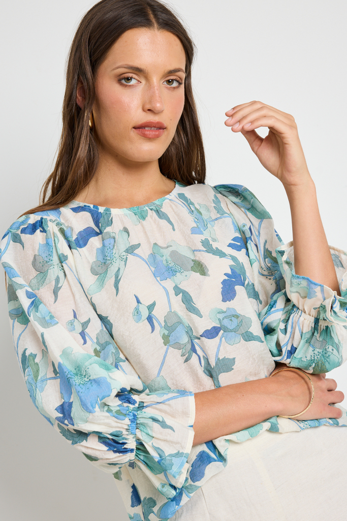Shop Candid Blue Cream Floral Frill Sleeve Crew Neck SS Top | Flo & Fr