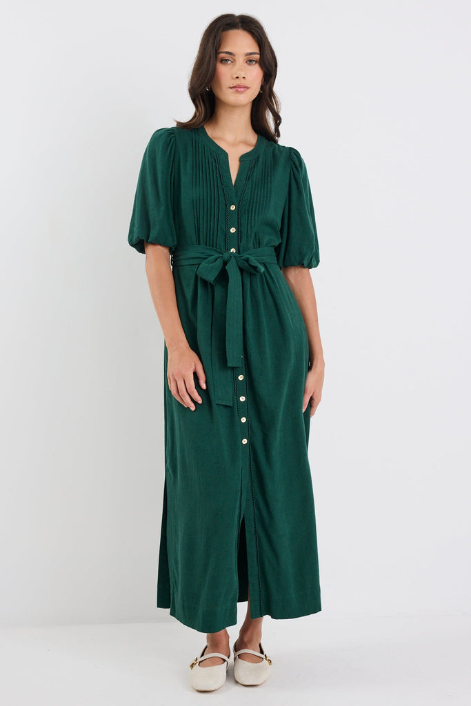 Shop Candor Forest Puff Sleeve Pin Tuck Maxi Shirt Dress | Flo & Frank