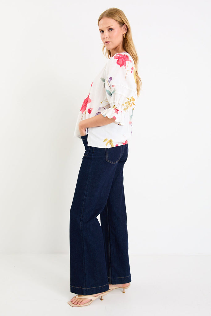 Shop Cassia Cream Poppy Floral V Neck Short Pin Tuck Sleeve Mandarin C