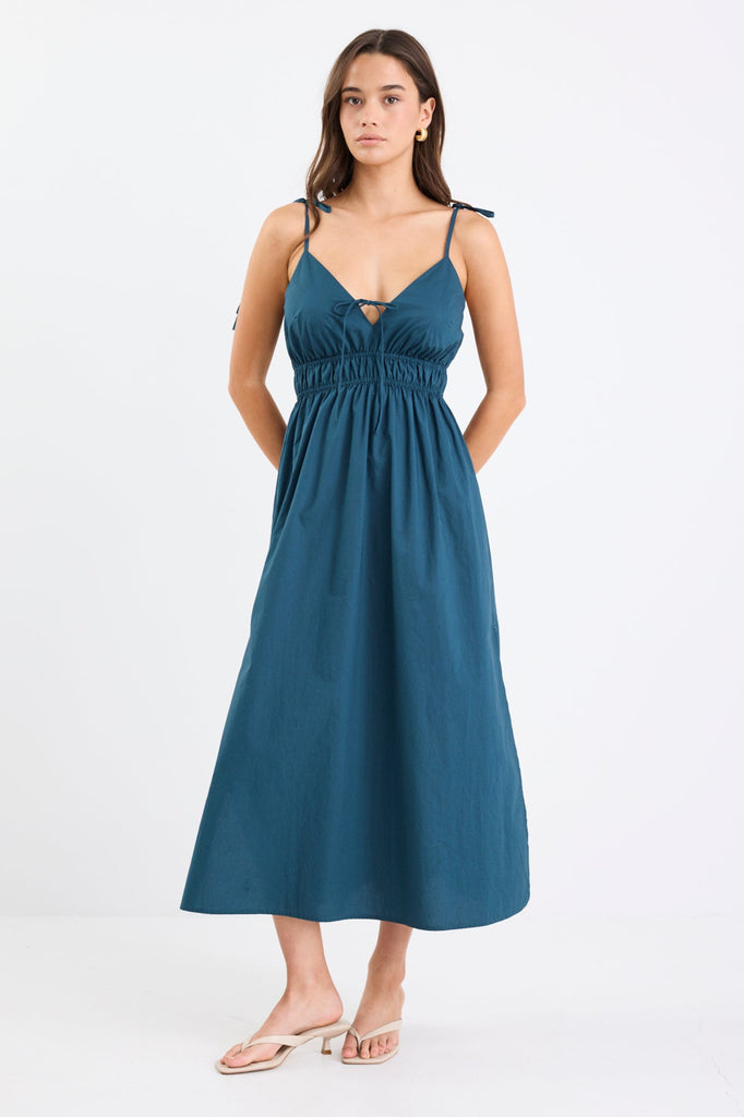 Shop Cast Petrol Cotton Strappy Midi Dress | Flo & Frankie
