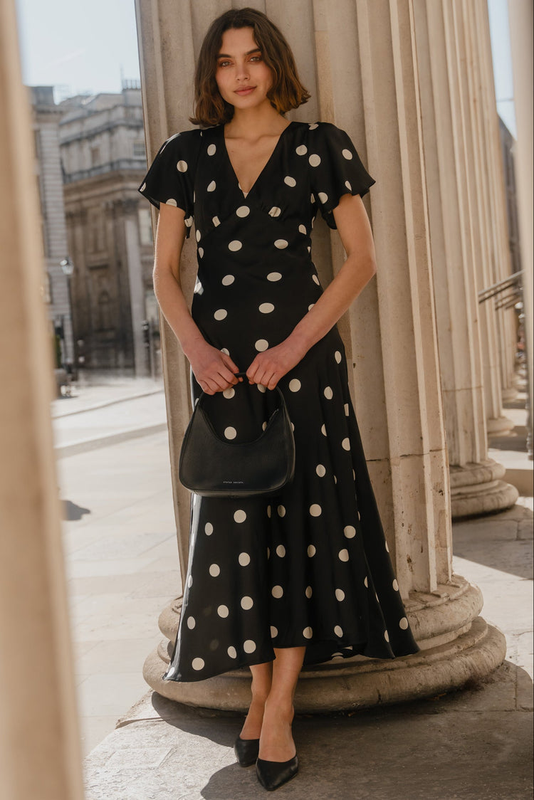 Shop Chariot Black Polka Dot Bias Flutter Sleeve Maxi Dress | Flo & Fr