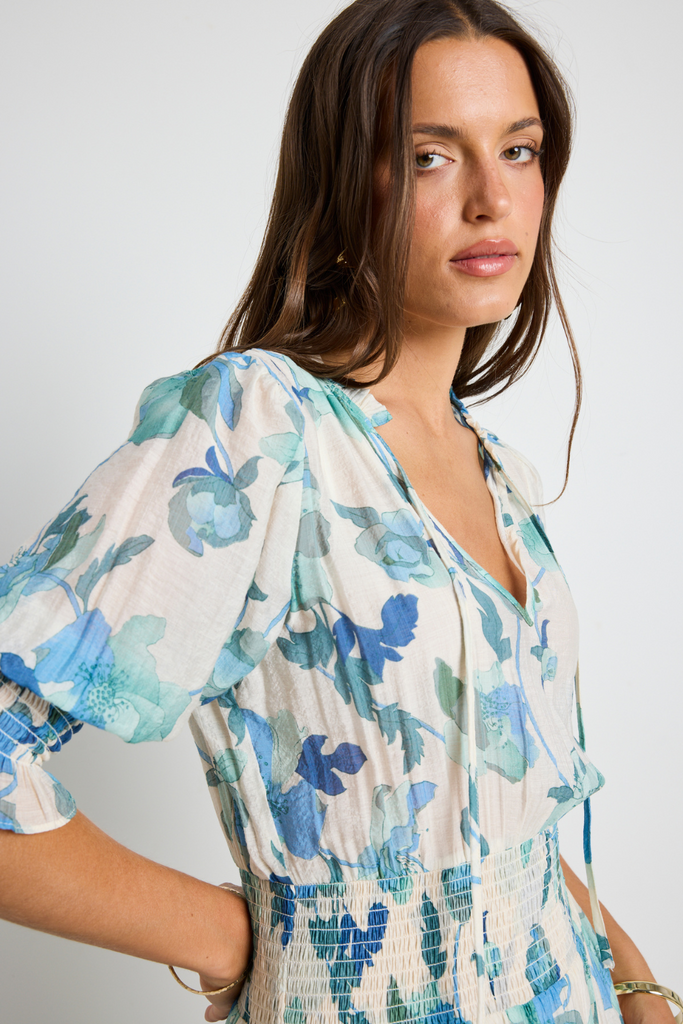 Shop Charlie Blue Cream Floral SS V neck Tiered Midi Dress | Flo & Fra