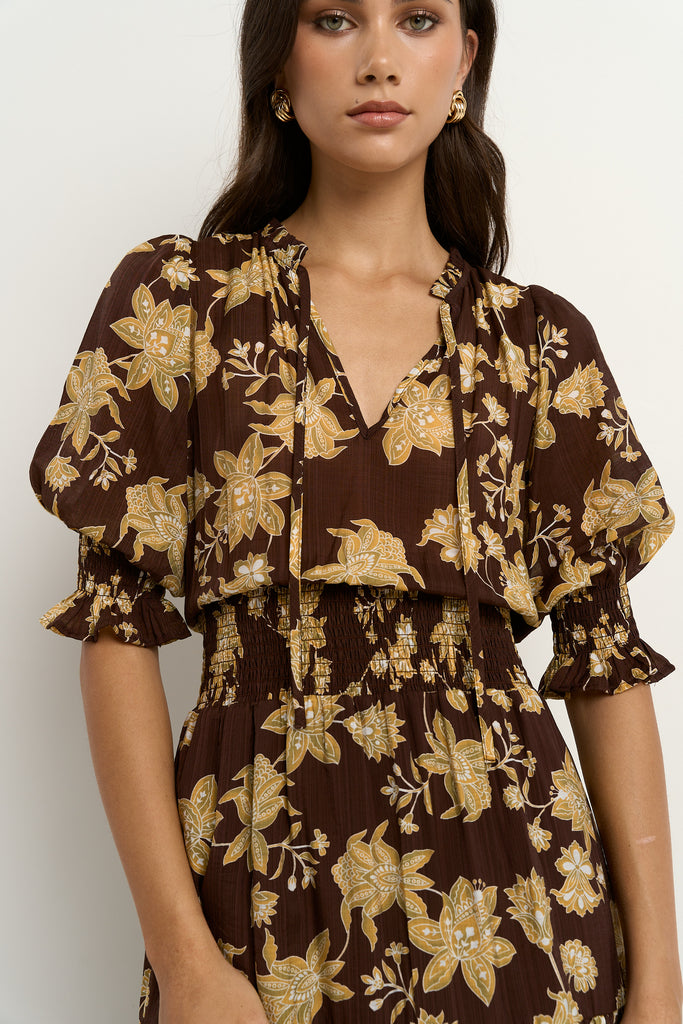 Shop Charlie Chocolate Khaki Floral SS V Neck Tiered Midi Dress | Flo