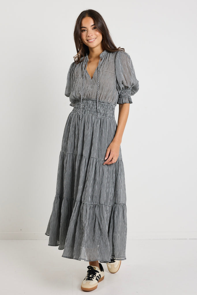 Shop Charlie Black Gingham SS V Neck Tiered Midi Dress | Flo & Frankie
