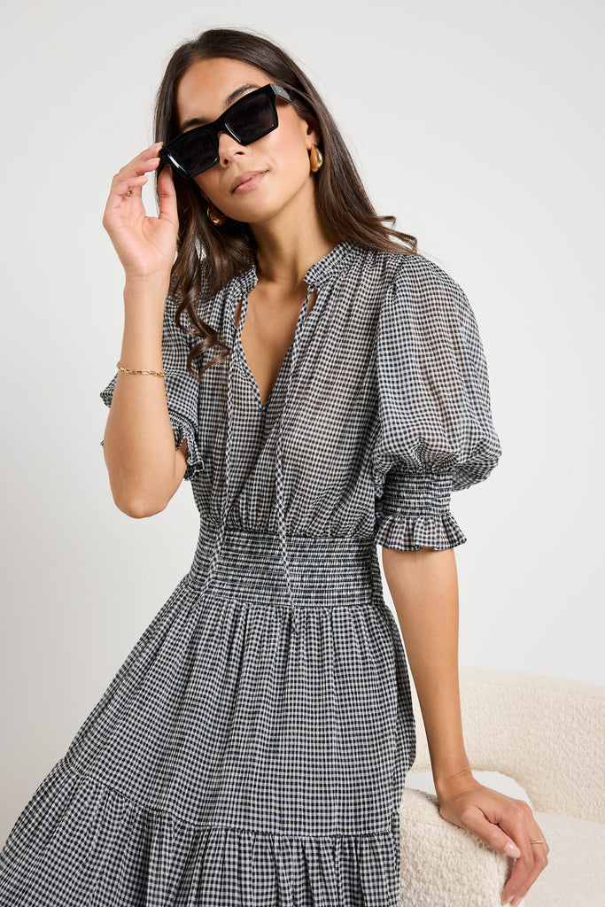 Shop Charlie Black Gingham SS V Neck Tiered Midi Dress | Flo & Frankie