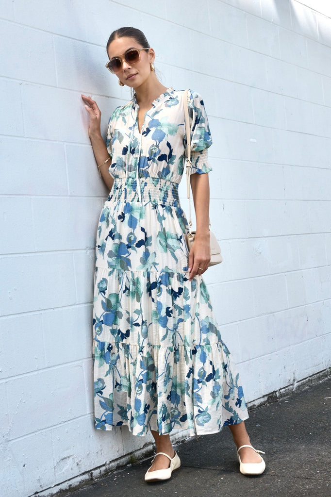 Shop Charlie Blue Cream Floral SS V neck Tiered Midi Dress | Flo & Fra