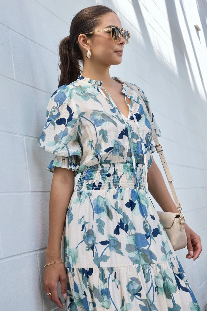 Shop Charlie Blue Cream Floral SS V neck Tiered Midi Dress | Flo & Fra