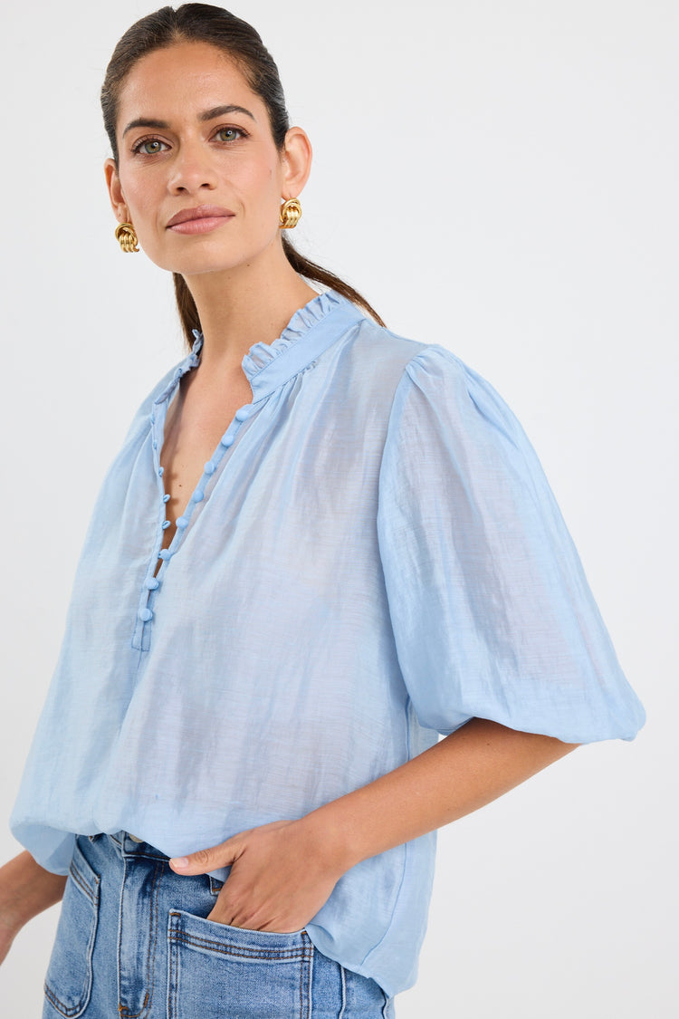Shop Closure Pale Blue Sheer High Neck Buttoned SS Top | Flo & Frankie