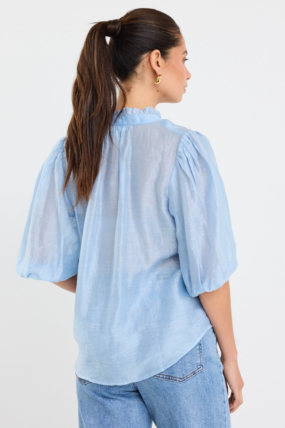 Shop Closure Pale Blue Sheer High Neck Buttoned SS Top | Flo & Frankie