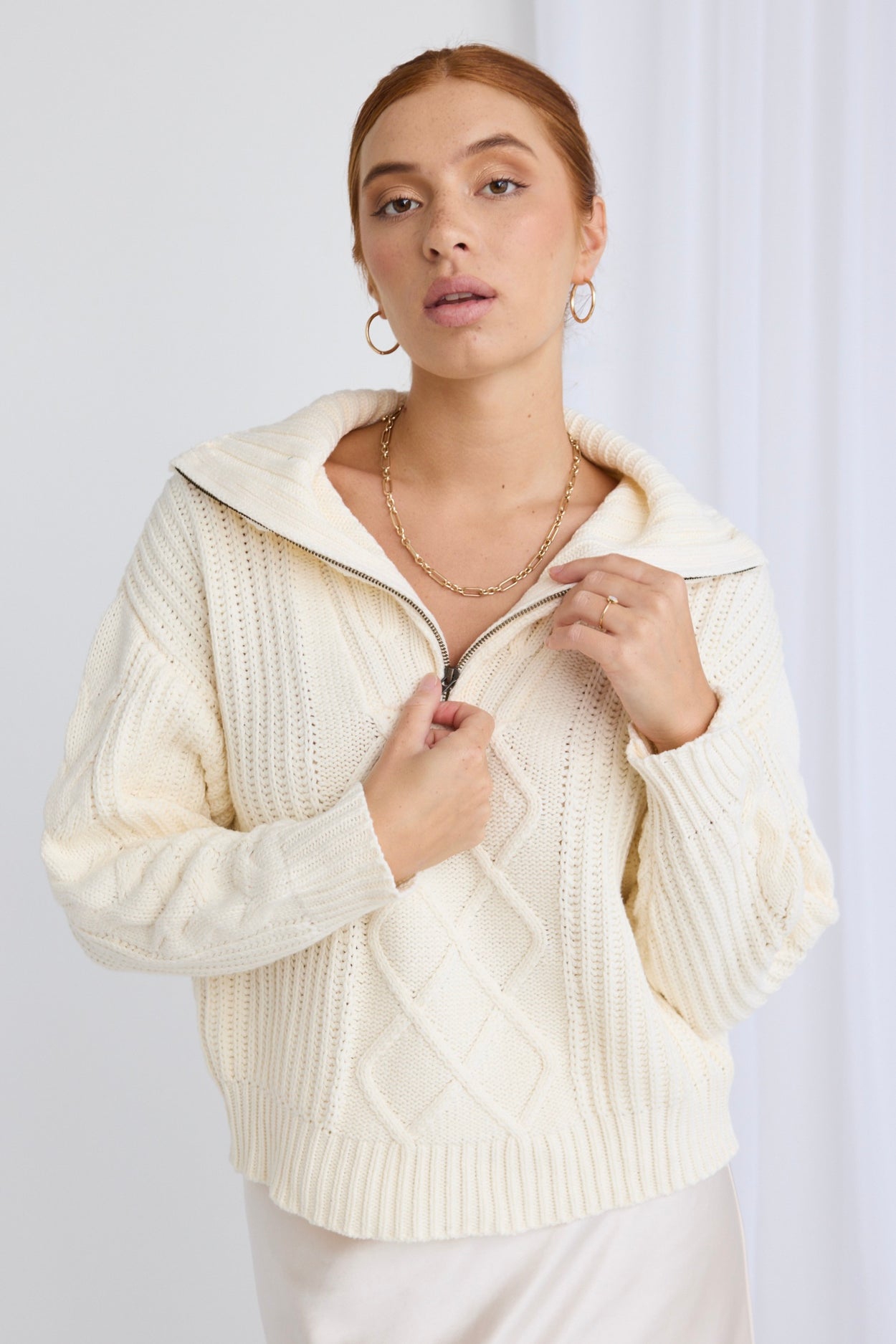 Shop Clover Ivory Zip Front Cable Knit Jumper | Flo & Frankie