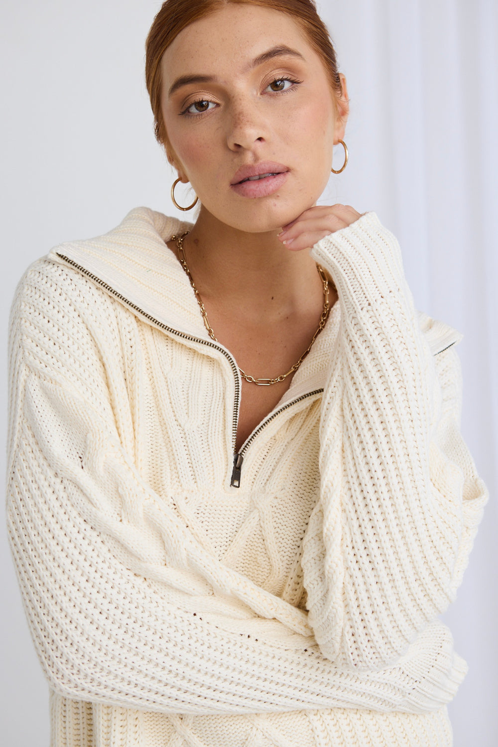 Shop Clover Ivory Zip Front Cable Knit Jumper | Flo & Frankie
