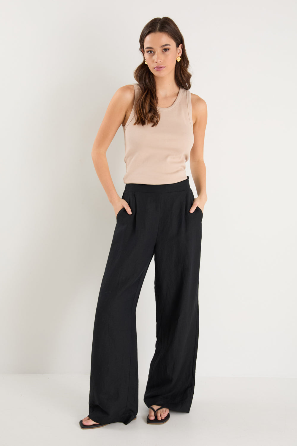 Shop Guardian Black Linen Viscose Elastic Back Pants | Flo & Frankie