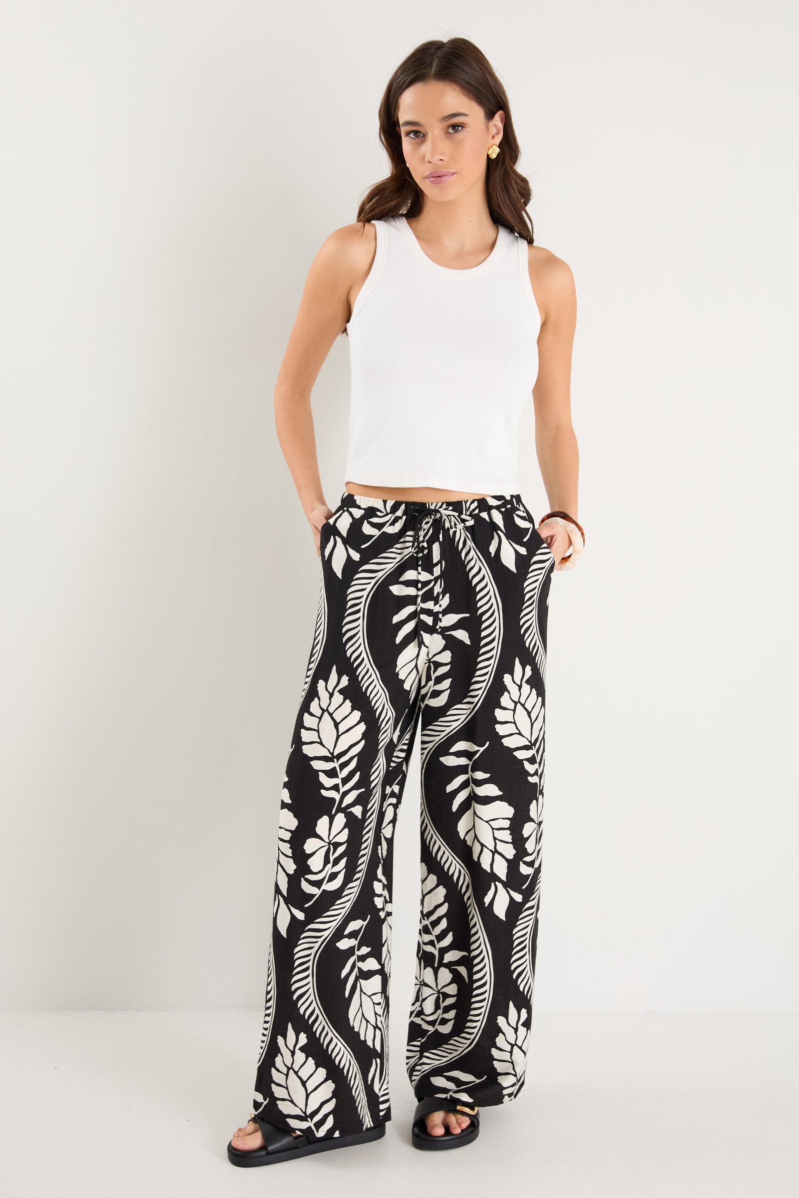 Shop Clever Black Ivory Leaf Drawcord Wide Leg Pants | Flo & Frankie