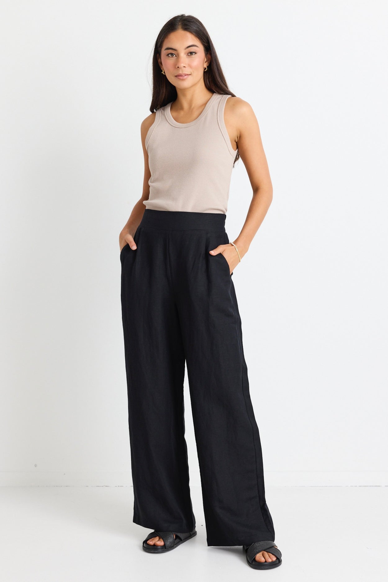 Shop Guardian Black Linen Viscose Elastic Back Pants | Flo & Frankie