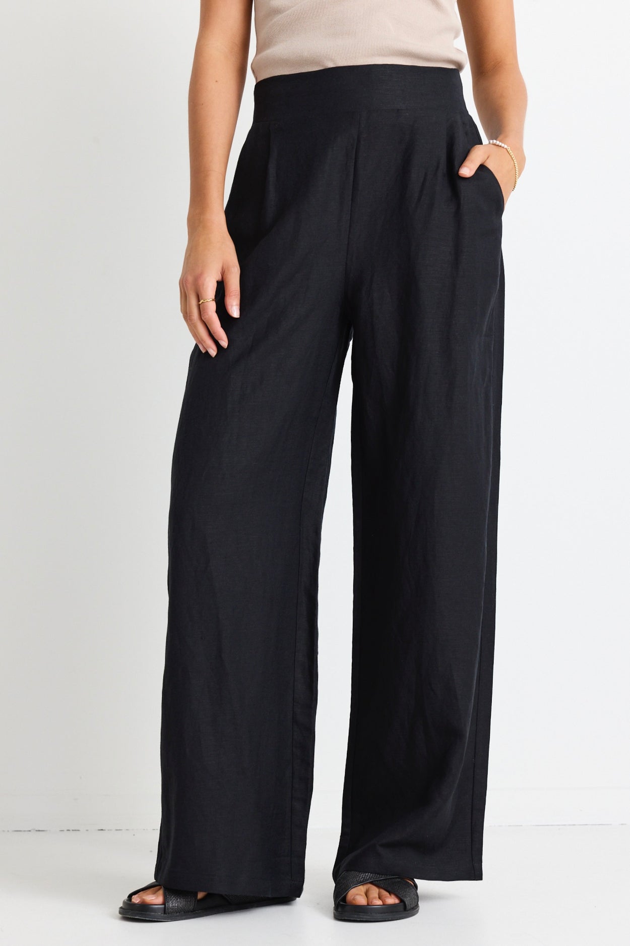 Shop Guardian Black Linen Viscose Elastic Back Pants | Flo & Frankie